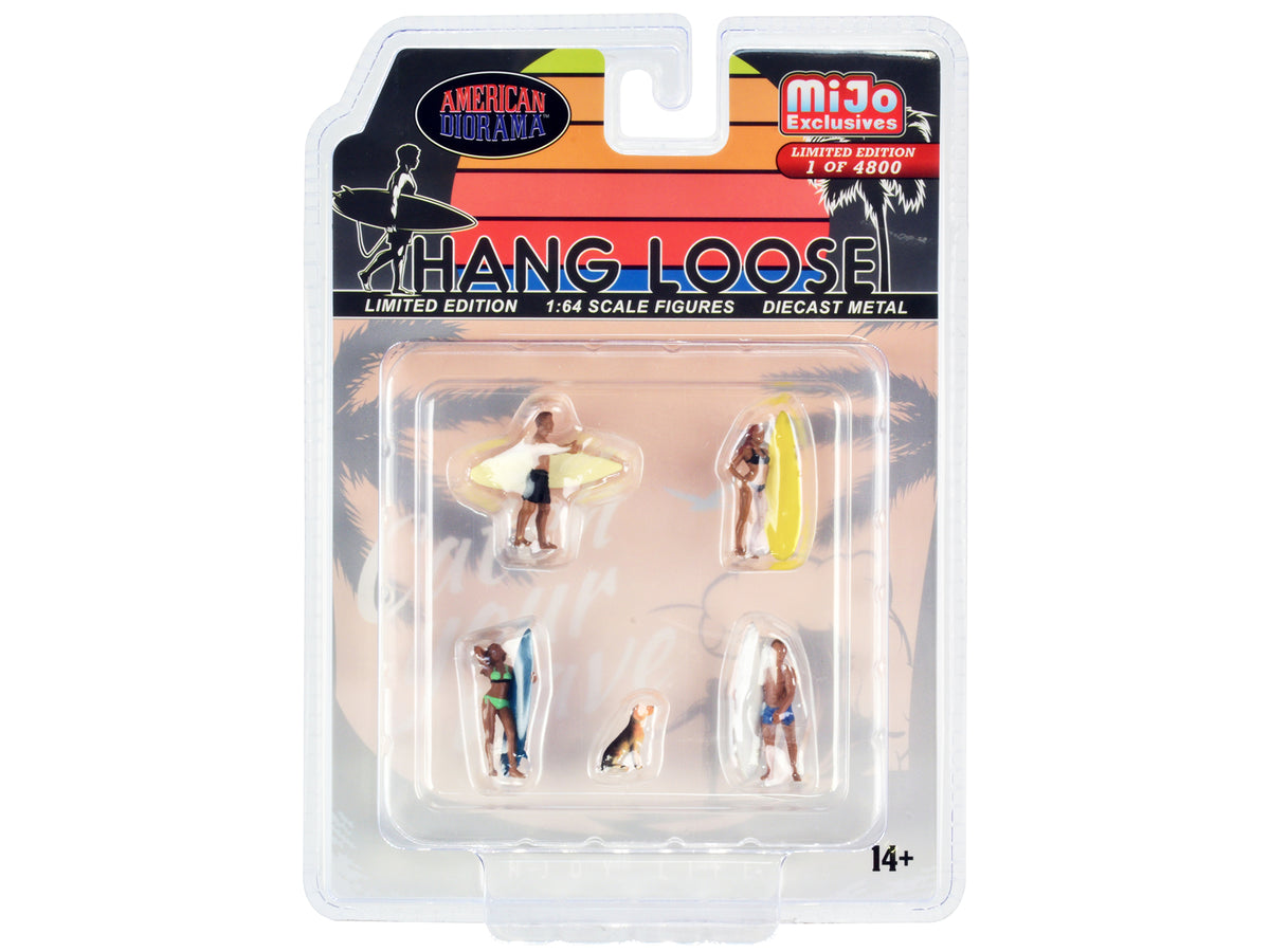 Hang Loose 5 piece Diecast Set (4 Surfer Figures and 1 Dog) Limited ...